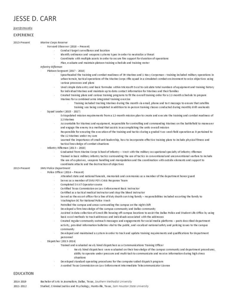 Jesse Carr Final Resume | PDF | United States Marine Corps | Infantry