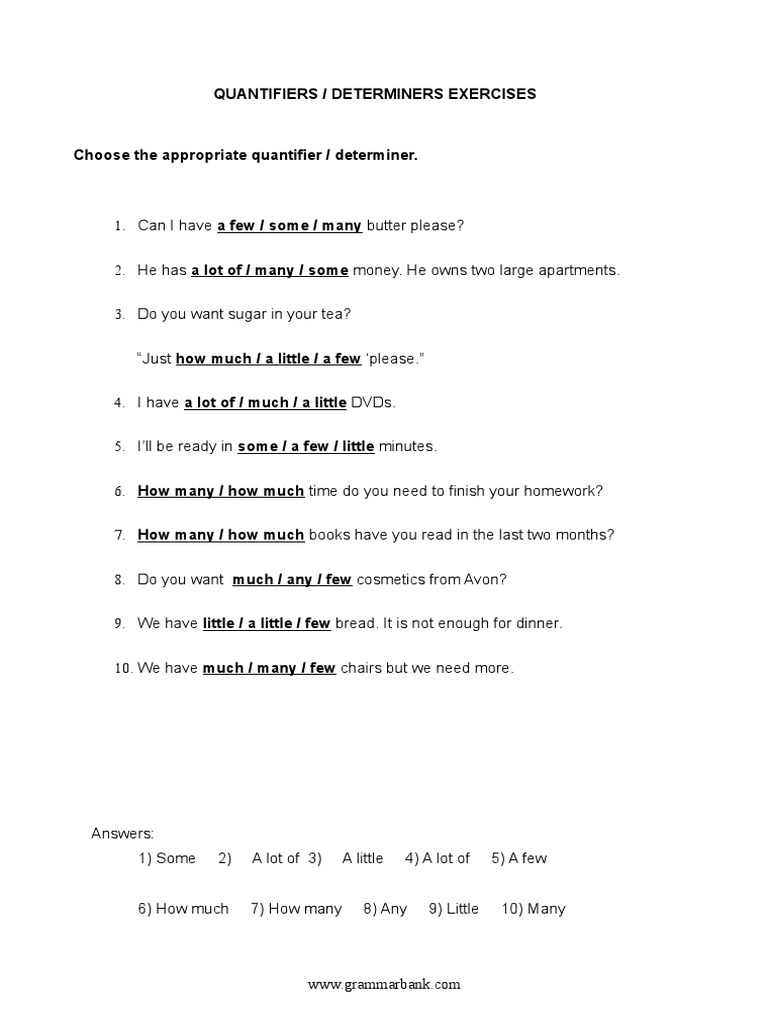 Quantifiers / Determiners Exercises | PDF