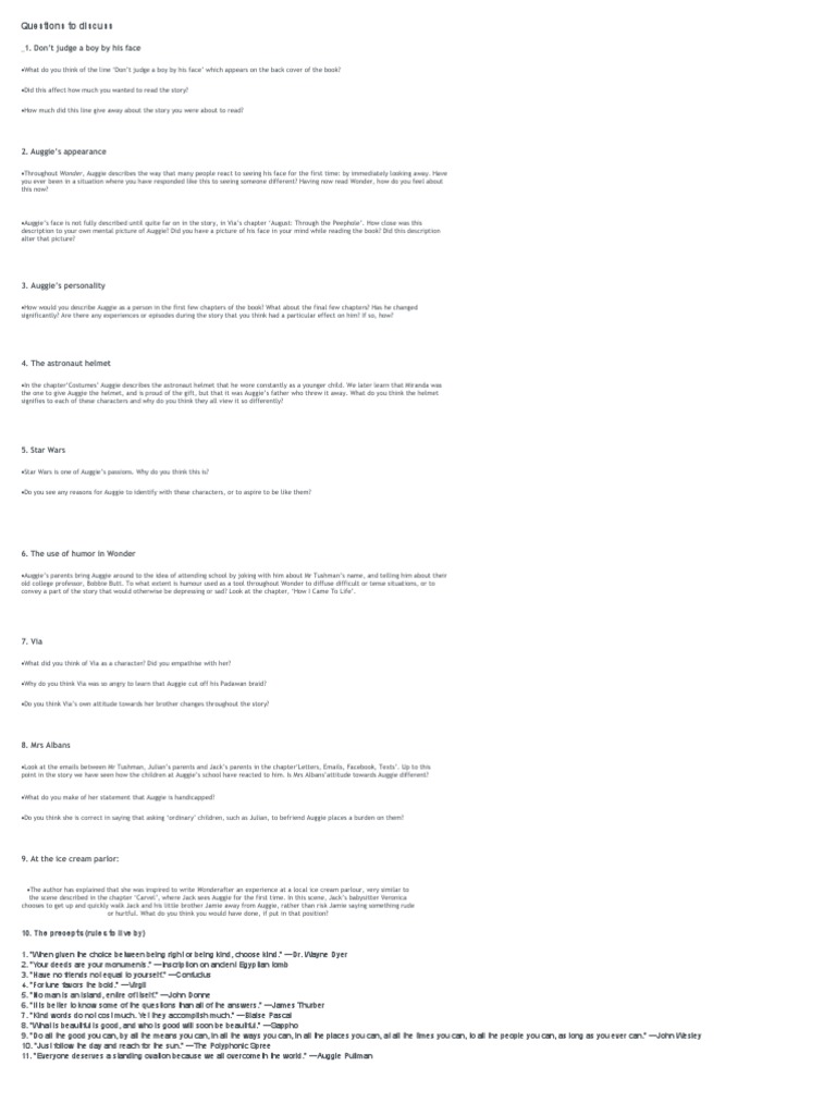 Wonder Book Review Questions | PDF