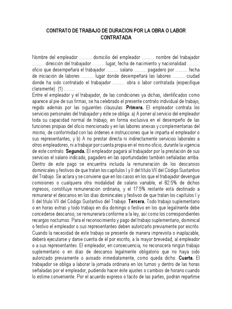 Contrato de Trabajo de Duracion Por La Obra o Labor Contratada | Derecho laboral | Salario