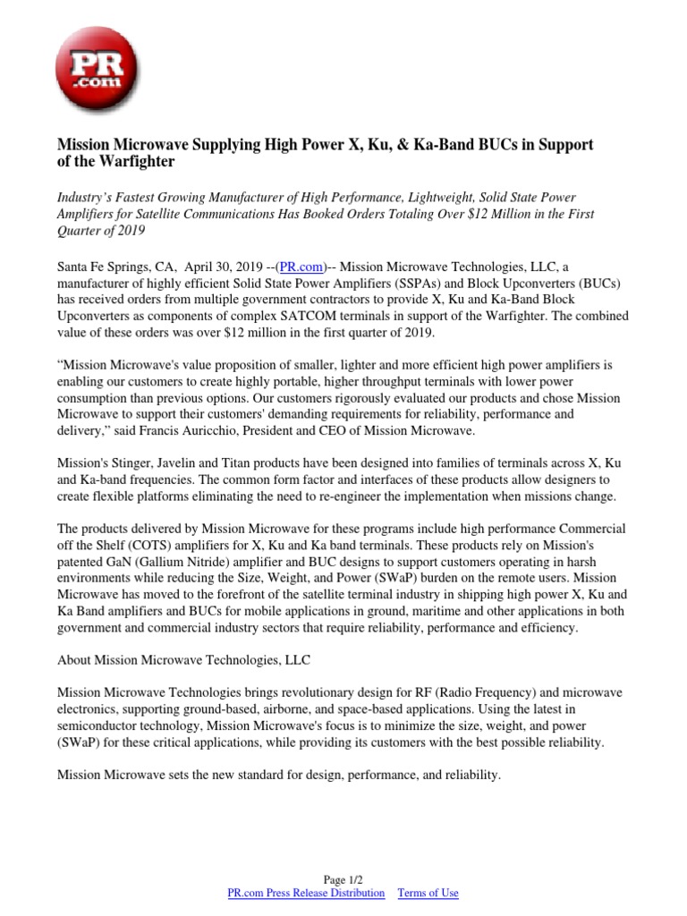 Mission Microwave Supplying High Power X, Ku, & Ka-Band BUCs in Support ...