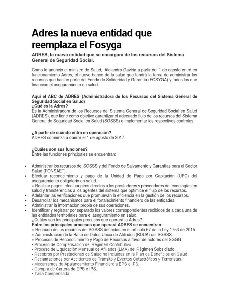 ADRES La Nueva Entidad Que Reemplaza El Fosyga | PDF | Bienestar | Medicina