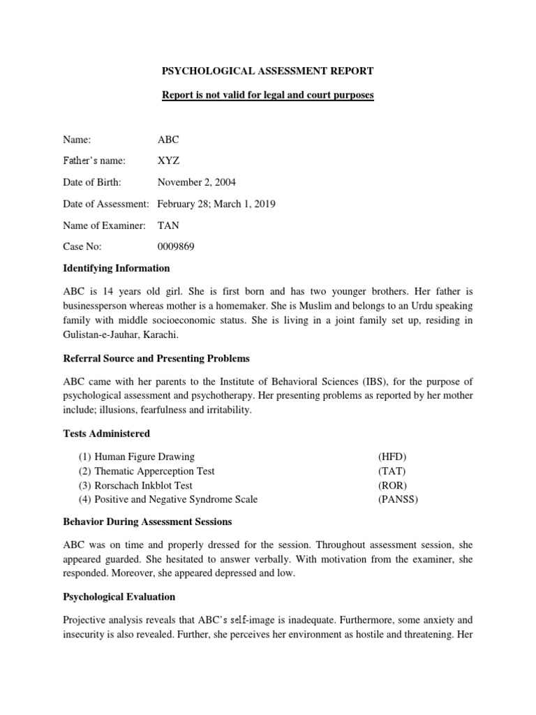 0 Sample Report | PDF | Psychological Evaluation | Psychotherapy