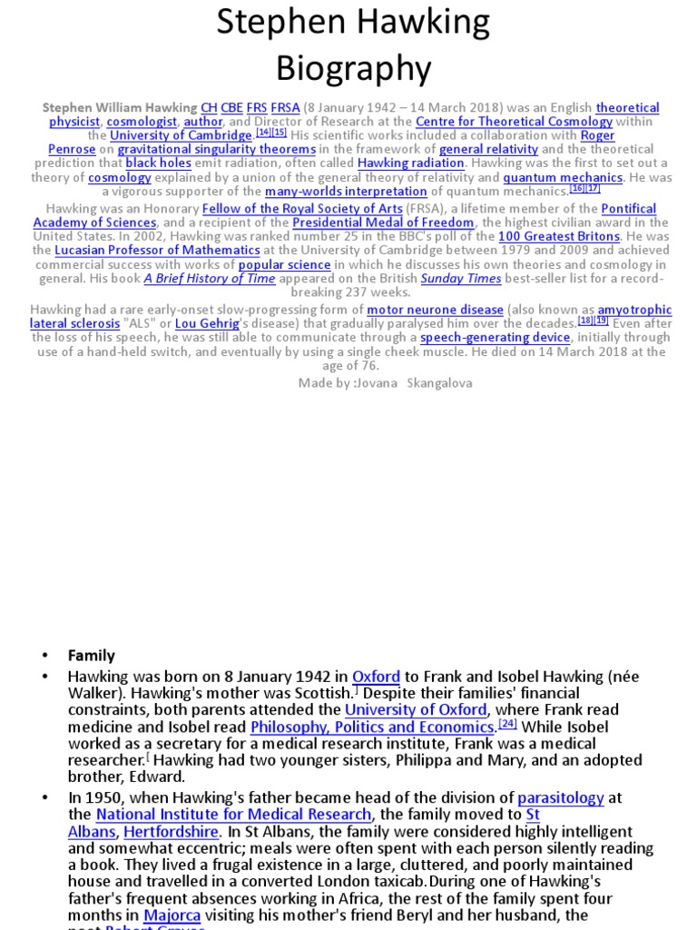 Stephen Hawking biography highlights | PDF | Stephen Hawking | Metaphysics