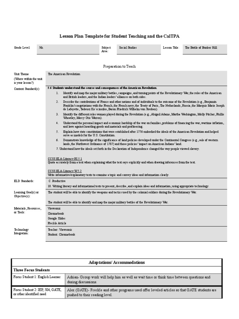 Lesson Plan Template For Student Teaching and The Caltpa | PDF ...