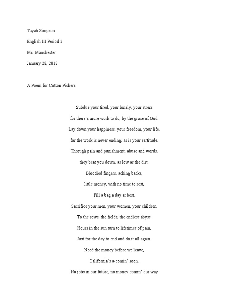 A Poem For Cotton Pickers | PDF | Employment