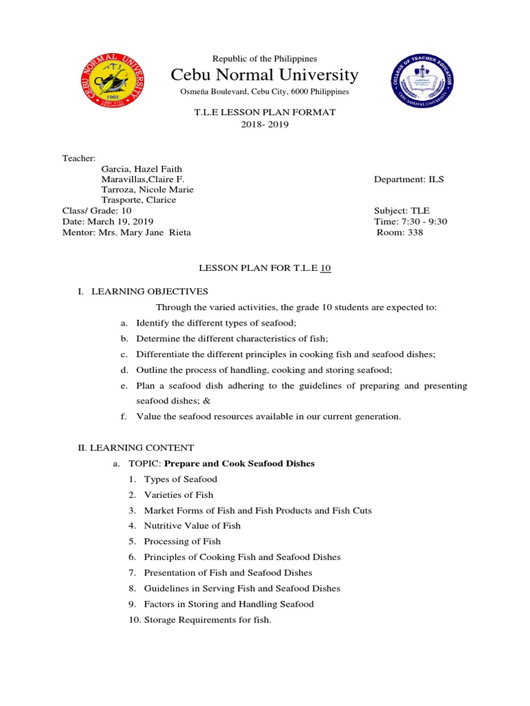 Grade 10 Seafood Cooking Lesson Plan | PDF | Grilling | Shellfish