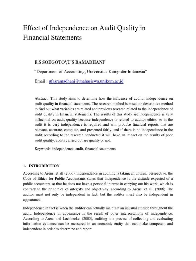 Effect of Independence On Audit Quality in Financial Statements | PDF ...