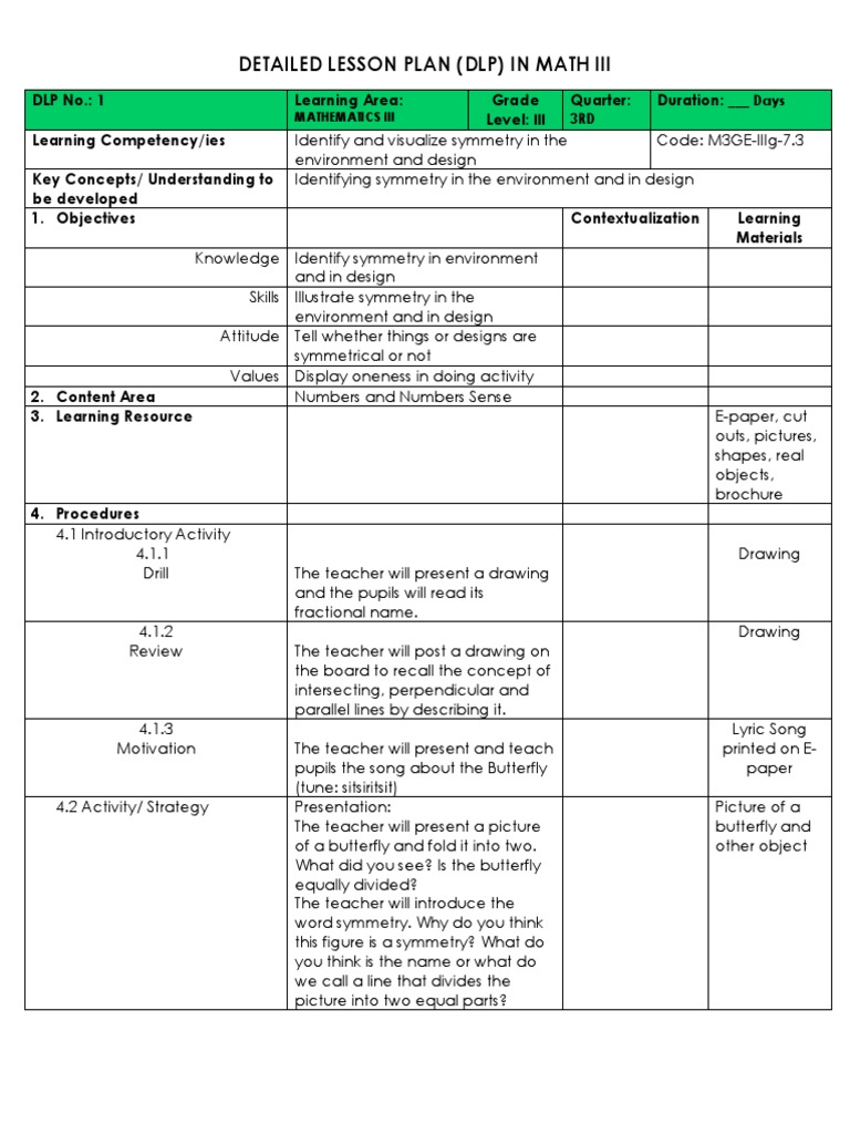 DETAILED LESSON PLAN DLP IN MATH III Lea | PDF | Symmetry | Teachers