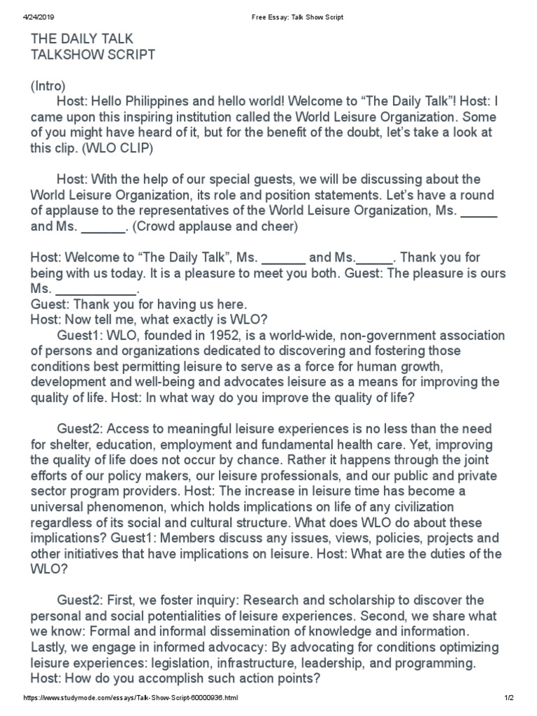 Free Essay - Talk Show Script | PDF | Quality Of Life | Cognition