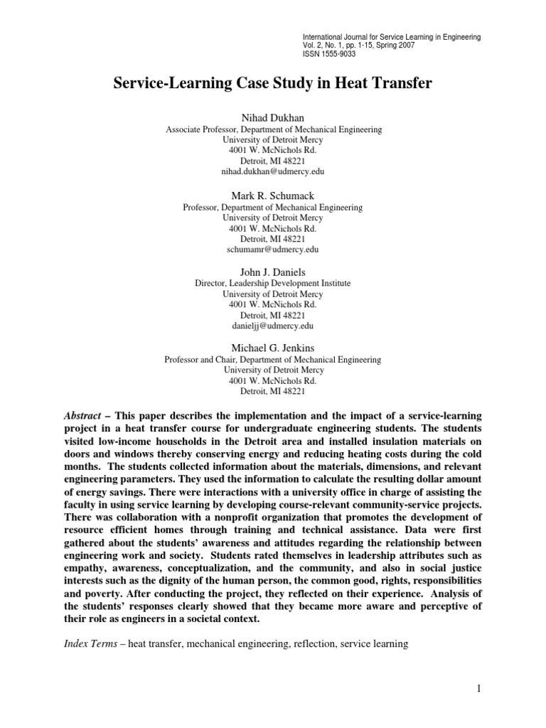 Service-Learning Case Study in Heat Transfer: Nihad Dukhan | PDF ...