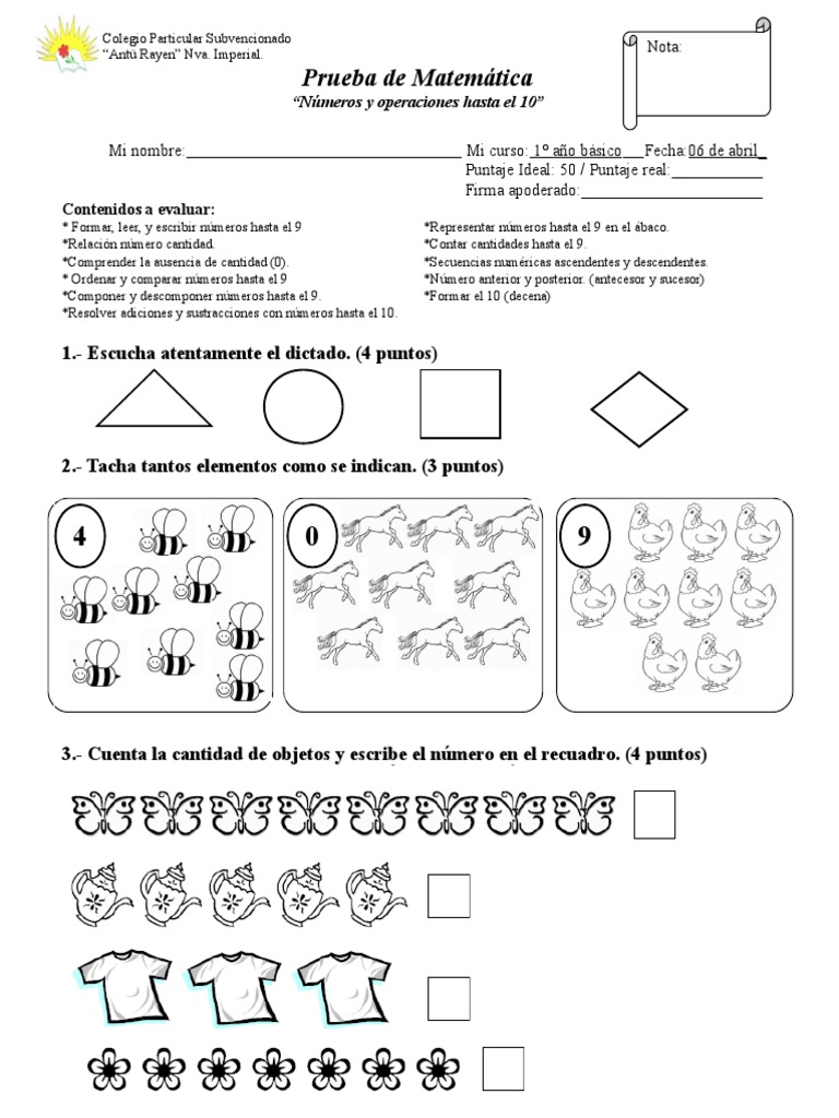 Evaluación de Números del 1 al 10 | PDF | Enseñanza de matemática