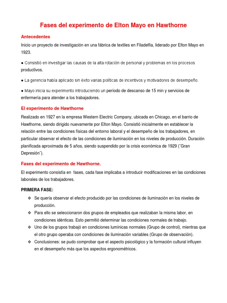 El desarrollo y conclusiones del experimento de Hawthorne de Elton Mayo ...