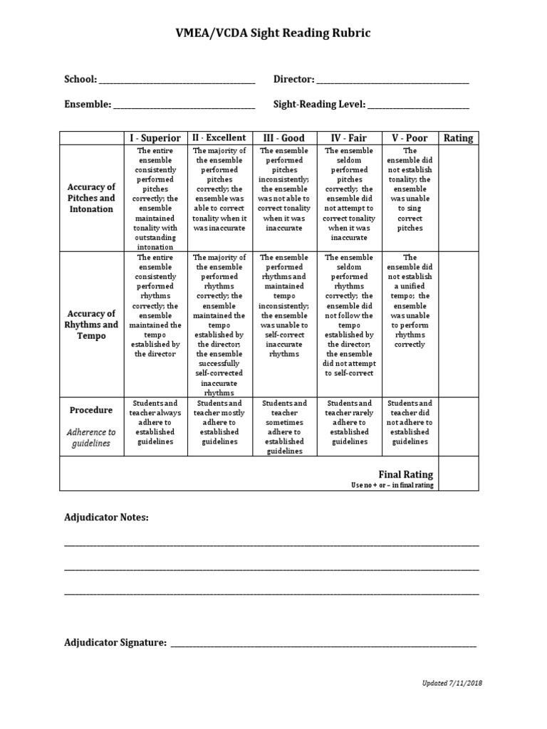 Updated Vcda Sight Reading Assessment Rubric 2018 | Download Free PDF ...