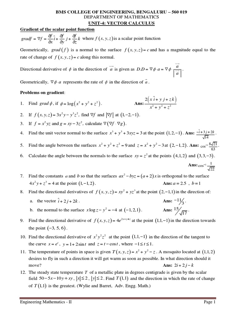 BMS College of Engineering Vector Calculus Notes | PDF | Divergence ...