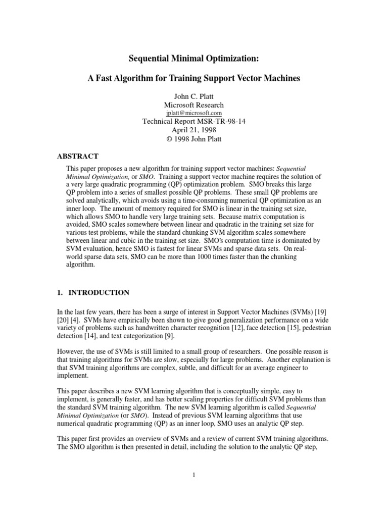 Sequential Minimal Optimization: A Fast Algorithm For Training Support Vector Machines | PDF ...