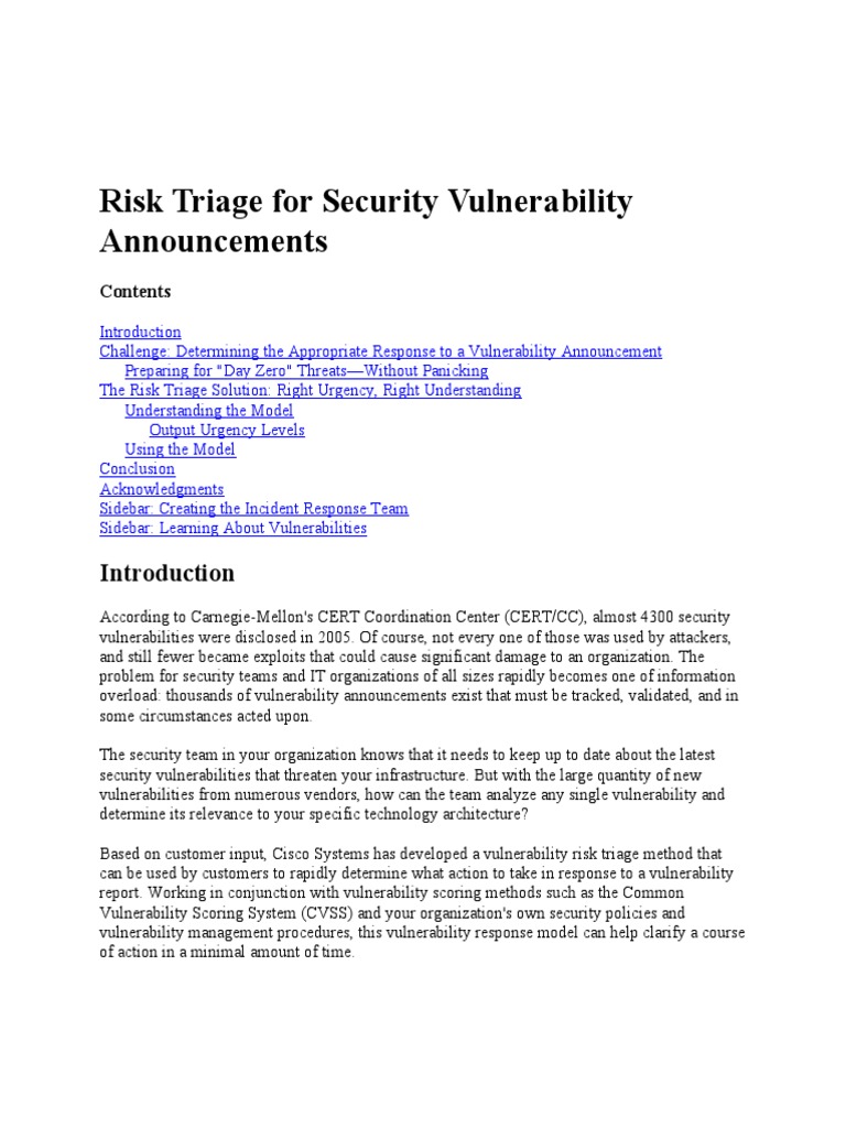 Risk Triage For Security Vulnerability Announcements | PDF | Business ...