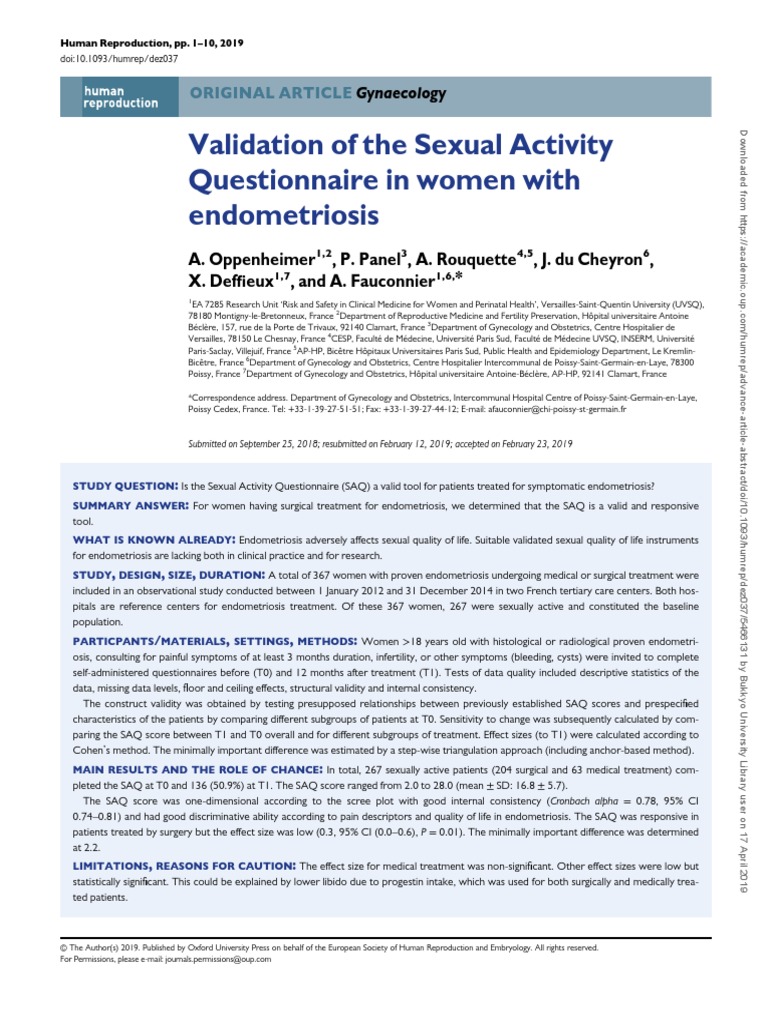Validation of The Sexual Activity Questionnaire in Women With ...