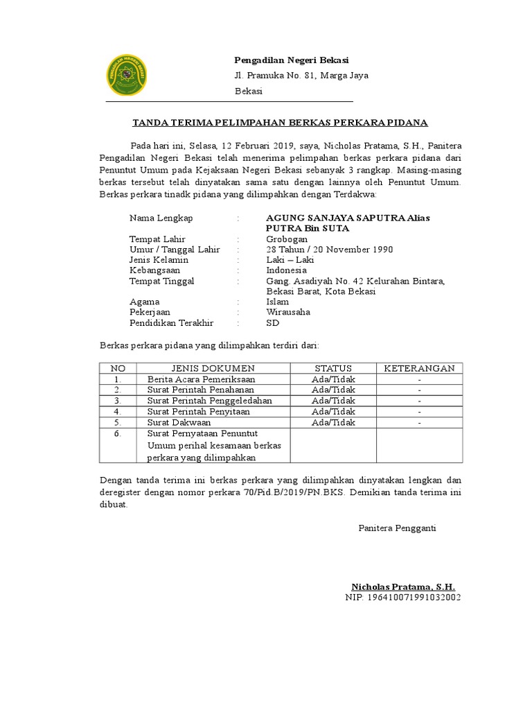 Tanda Terima Pelimpahan Berkas Perkara | PDF