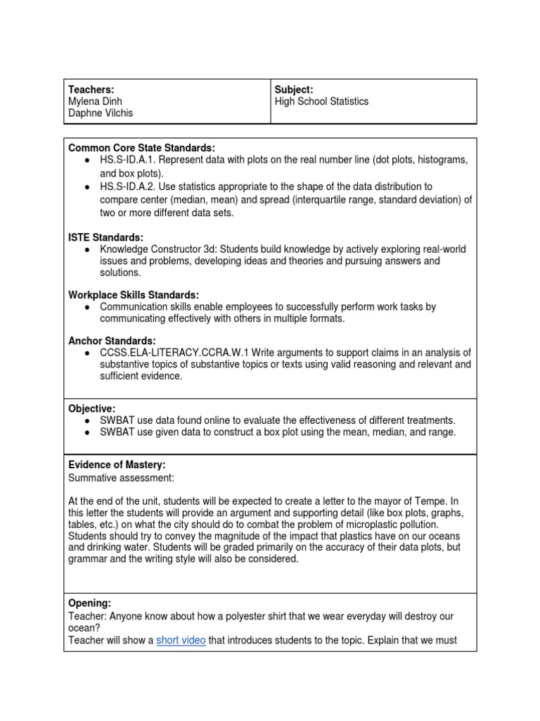 Team Lesson Plan | PDF | Median | Data