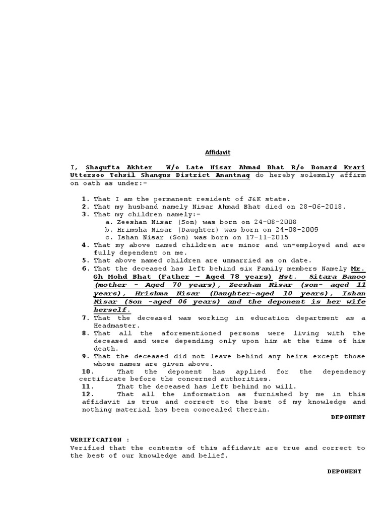 Affidavit for Dependency Certificate | PDF | Affidavit | Document