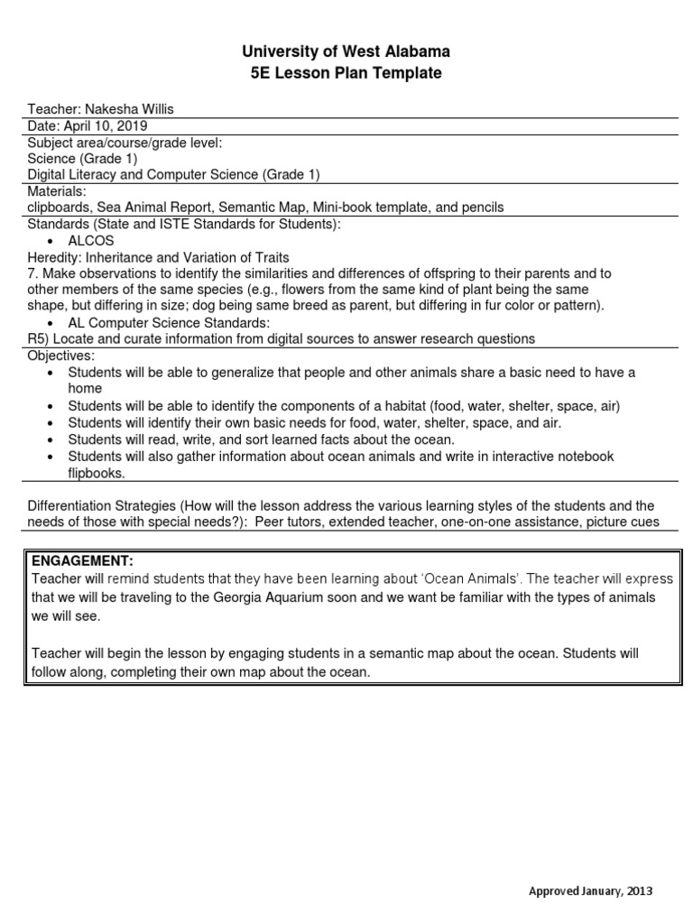 University of West Alabama 5E Lesson Plan Template: Engagement | PDF ...