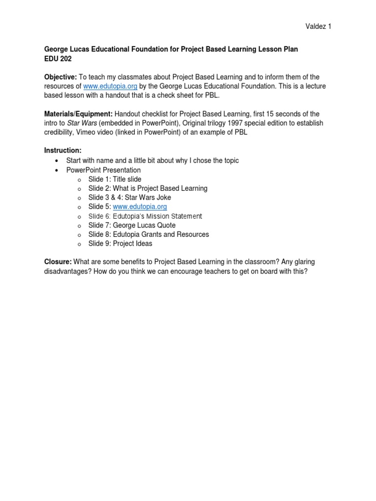 George Lucas Educational Foundation For Project Based Learning Lesson ...