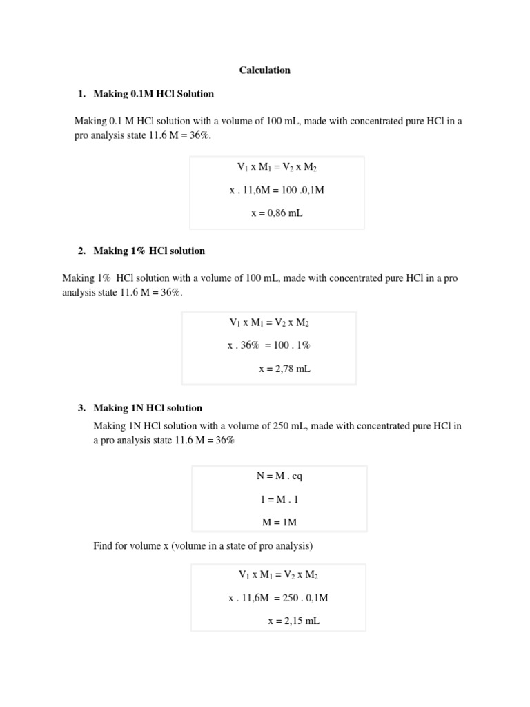 Calculation 1. Making 0.1M HCL Solution | PDF