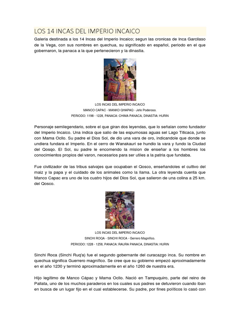 Los 14 Incas Del Imperio Incaico | PDF | Imperio Inca