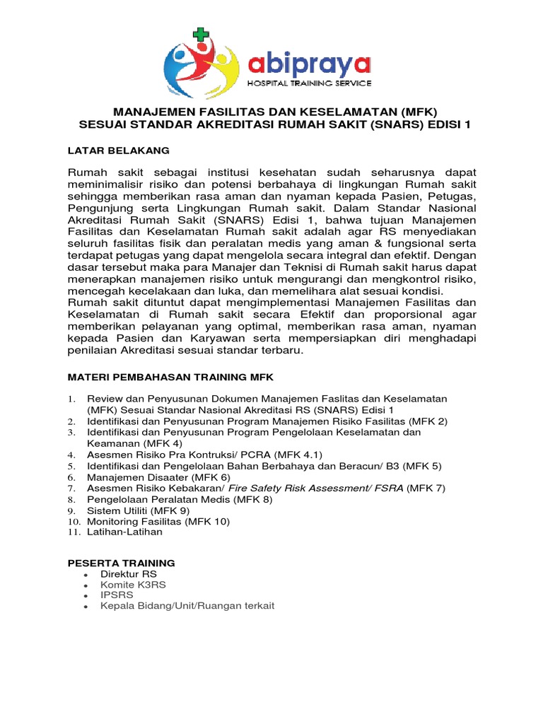 Manajemen Fasilitas Dan Keselamatan (MFK) Sesuai Standar Akreditasi Rumah Sakit (Snars) Edisi 1 ...