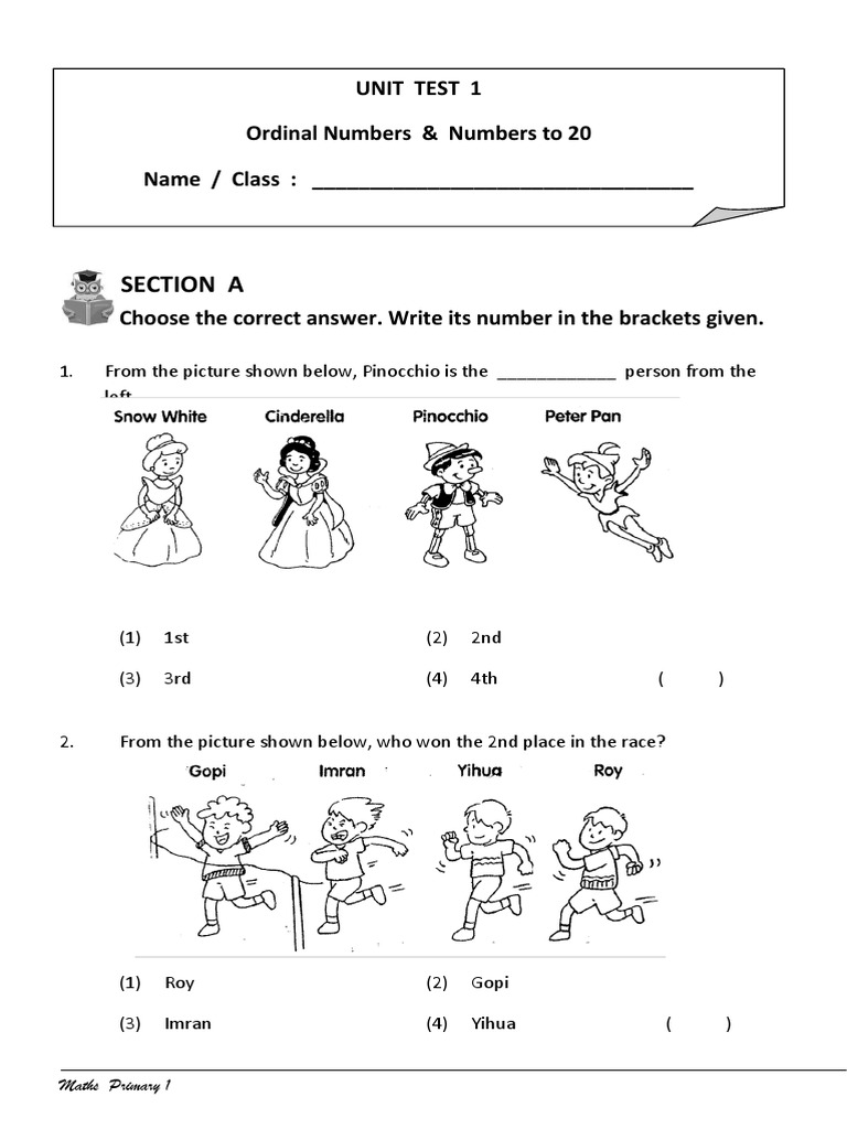 Unit Test 1 (Ordinal Numbers & Numbers To 20) | PDF | Teaching ...