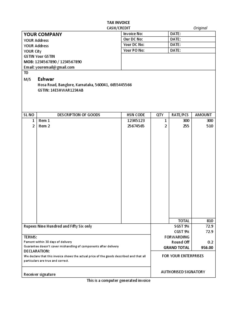 Tax Invoice Format Example | PDF