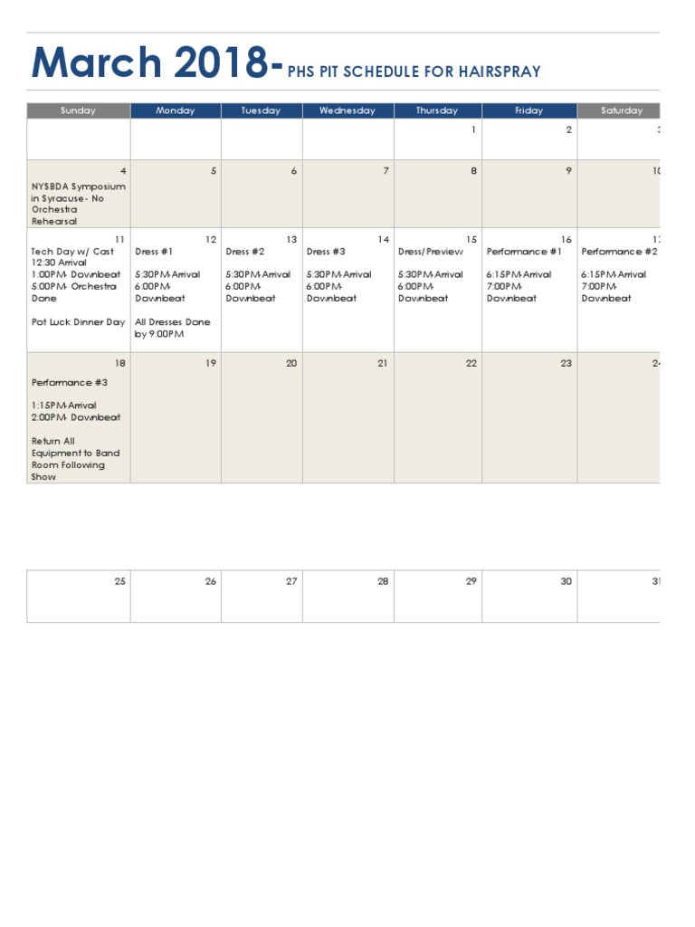 March 2018-: Phs Pit Schedule For Hairspray | PDF
