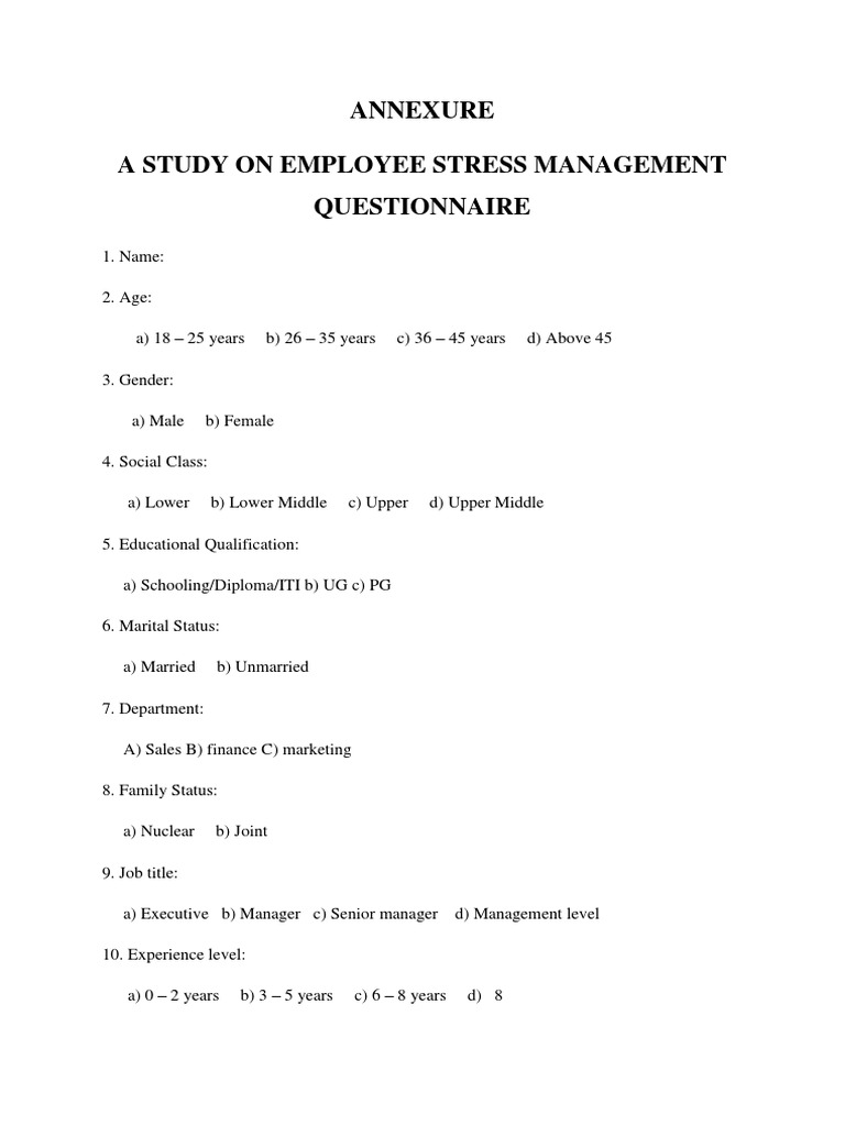 Annexure A Study On Employee Stress Management Questionnaire | PDF ...
