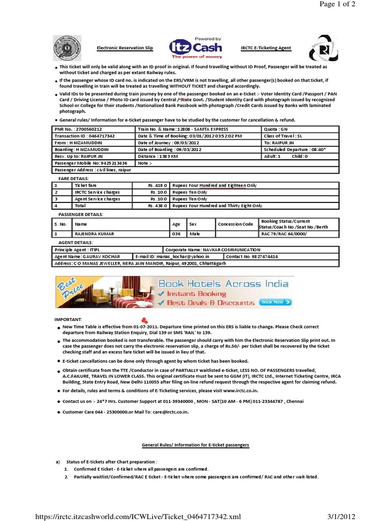 IRCTC Sample Train Ticket | PDF | Identity Document | Service Industries