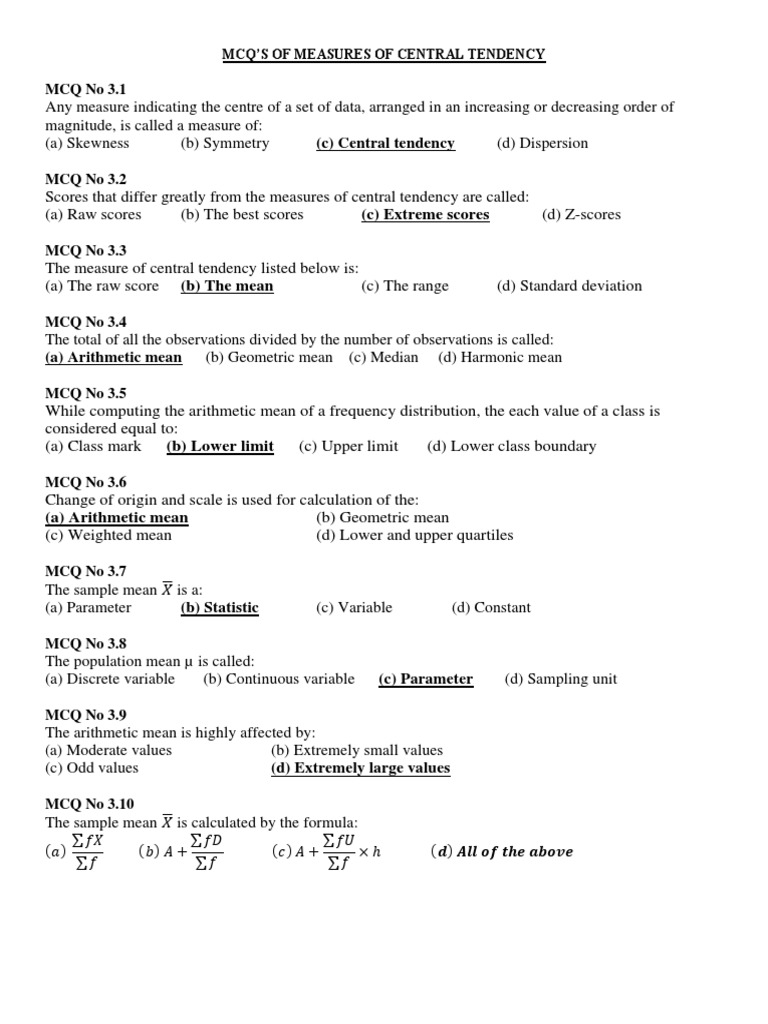 Multiple Choice Questions on Measures of Central Tendency | PDF ...