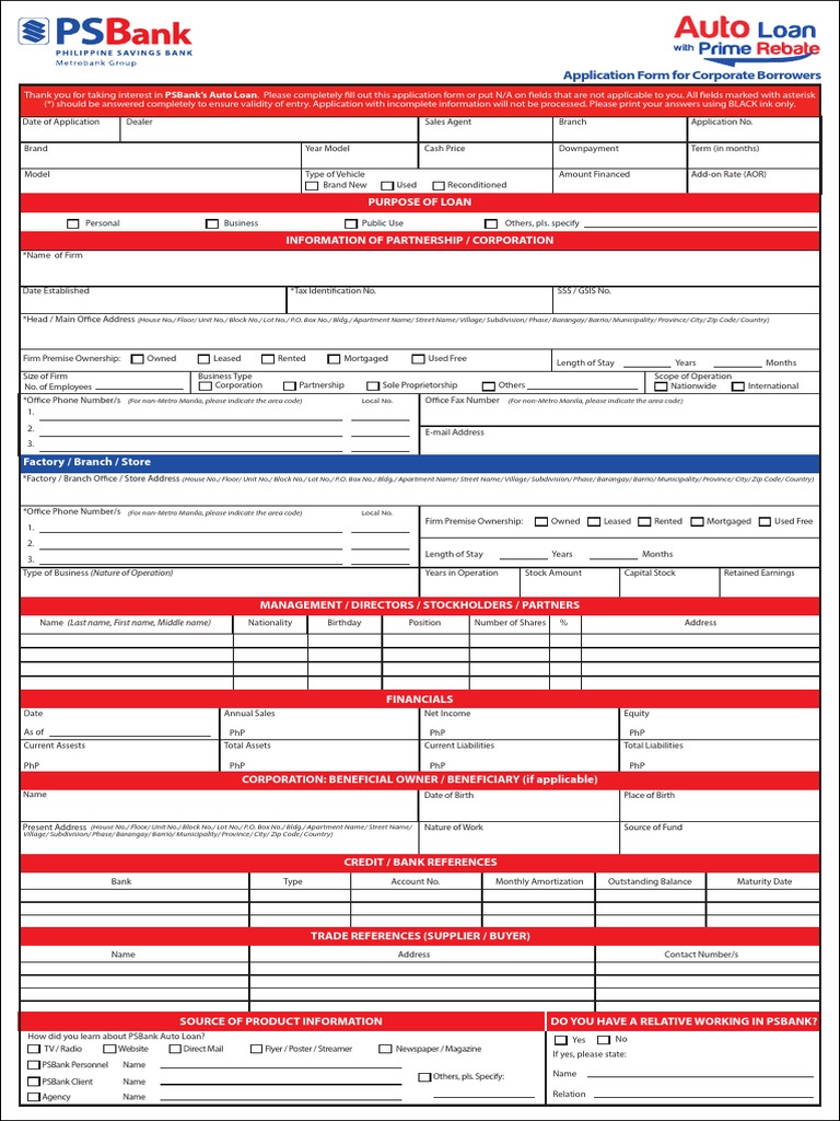 PSBank Auto Loan With Prime Rebate Form - Corporate | PDF | Loans ...