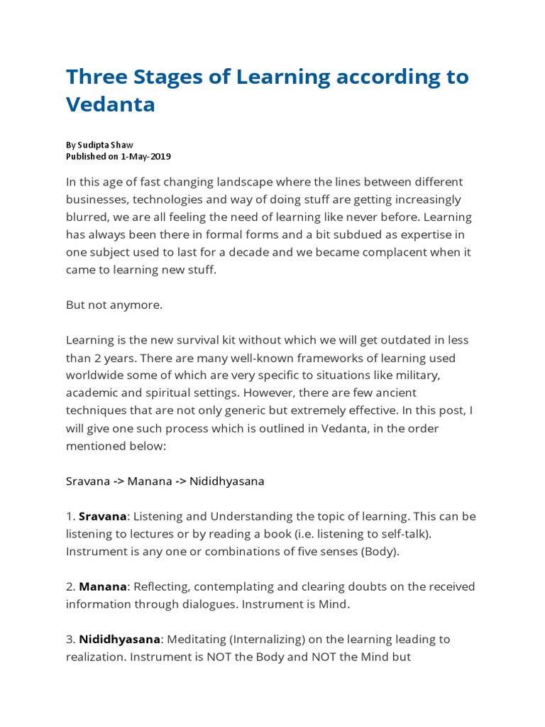 A Three-Step Learning Process According to Vedanta: Sravana, Manana and ...
