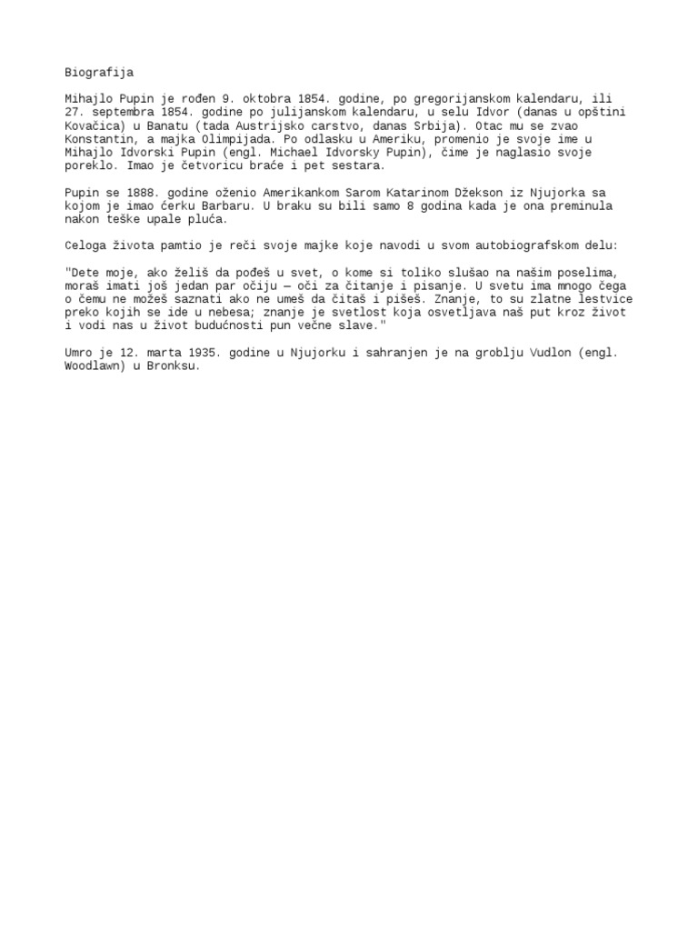 Biografija Mihajlo Pupin | PDF
