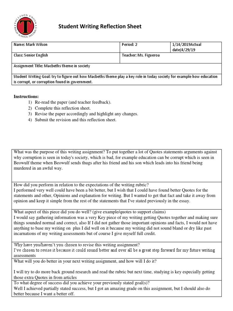Reflection Macbeth Theme in Society | PDF | Rubric (Academic ...