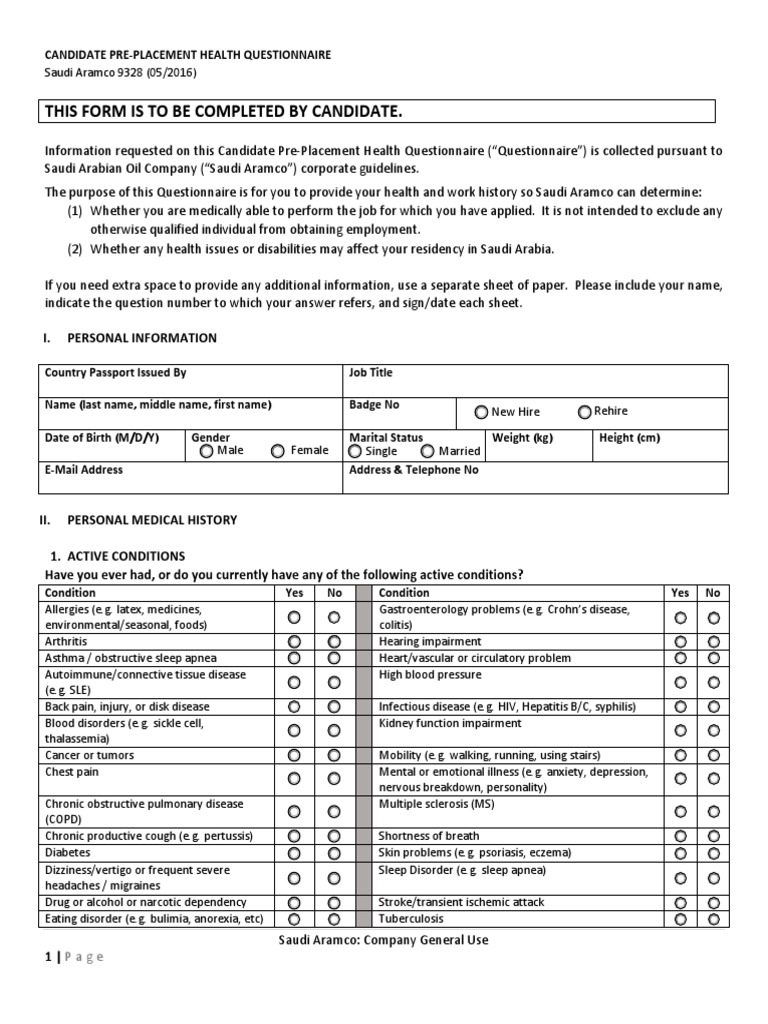 Aramco Candidate Health Questionnaire | PDF | Neurology | Alcoholism