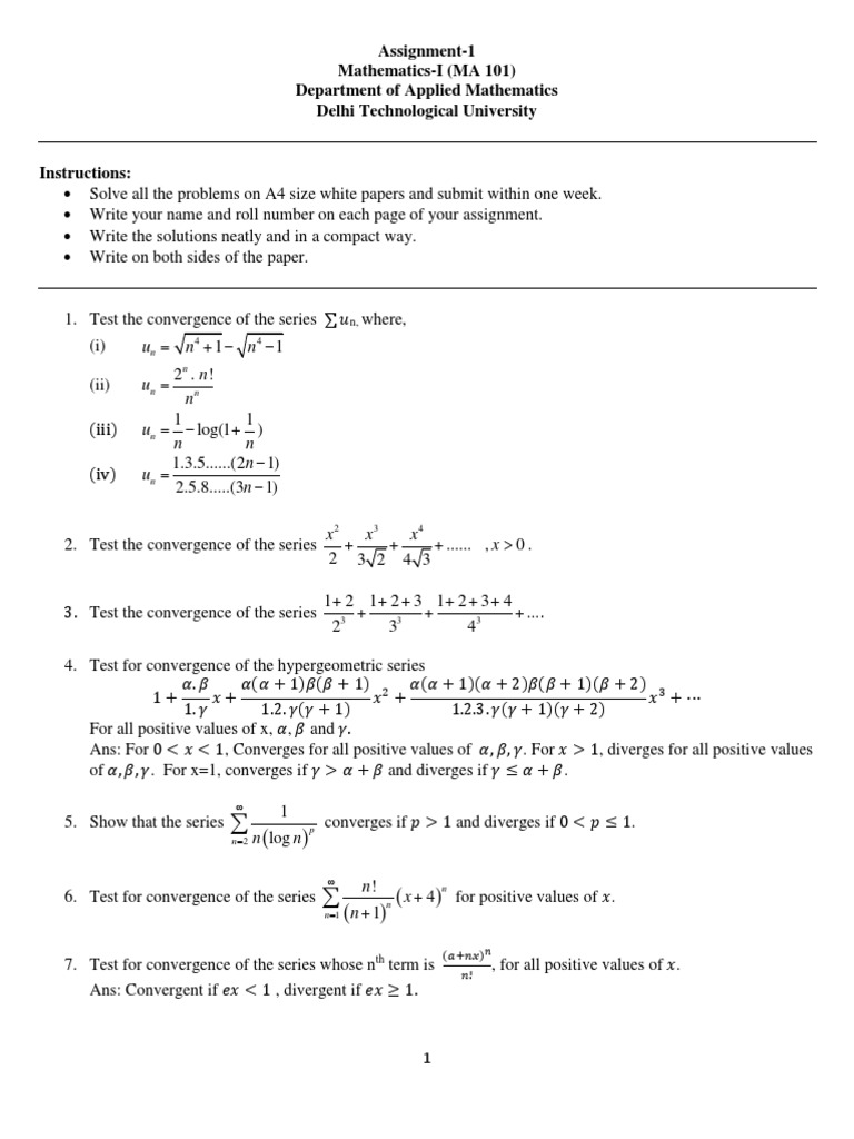 ASSIGNMENT-1 Mathematics I MA101 Odd Sem 2018-2019-2 | PDF | Series | Calculus