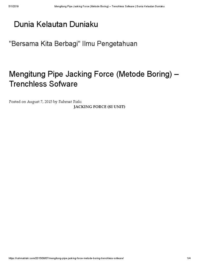 Mengitung Pipe Jacking Force (Metode Boring) - Trenchless Sofware - Dunia Kelautan Duniaku PDF | PDF