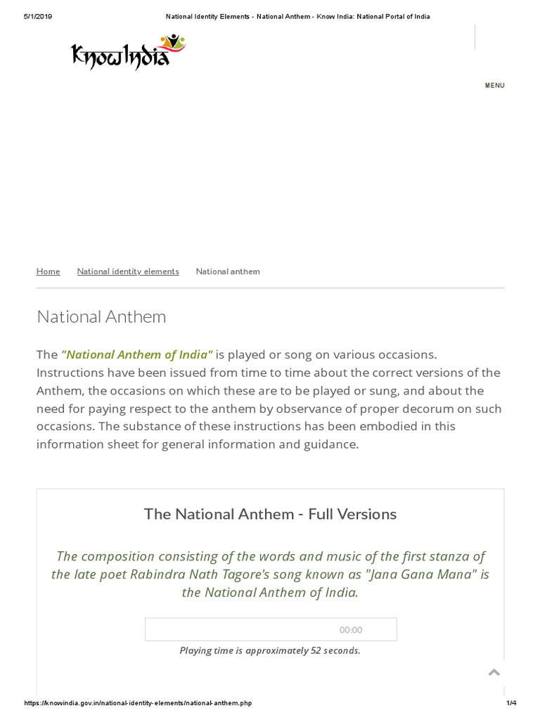 National Identity Elements - National Anthem - Know India - National ...