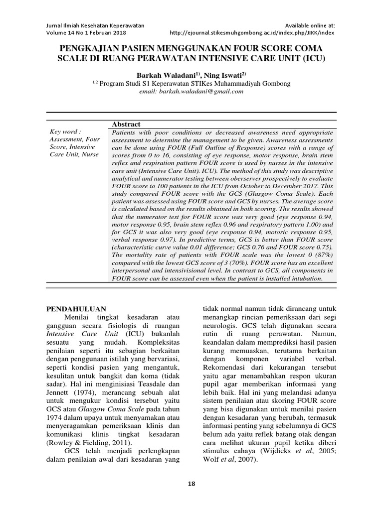 Pengkajian Pasien Menggunakan Four Score Coma Scale Di Ruang Perawatan ...