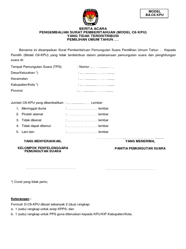 Berita Acara Pengembalian Surat Pemberitahuan (Model C6 Kpu) Yang Tidak ...
