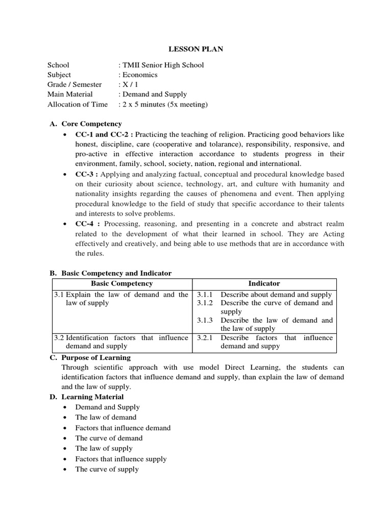 Lesson Plan | PDF | Supply And Demand | Lesson Plan