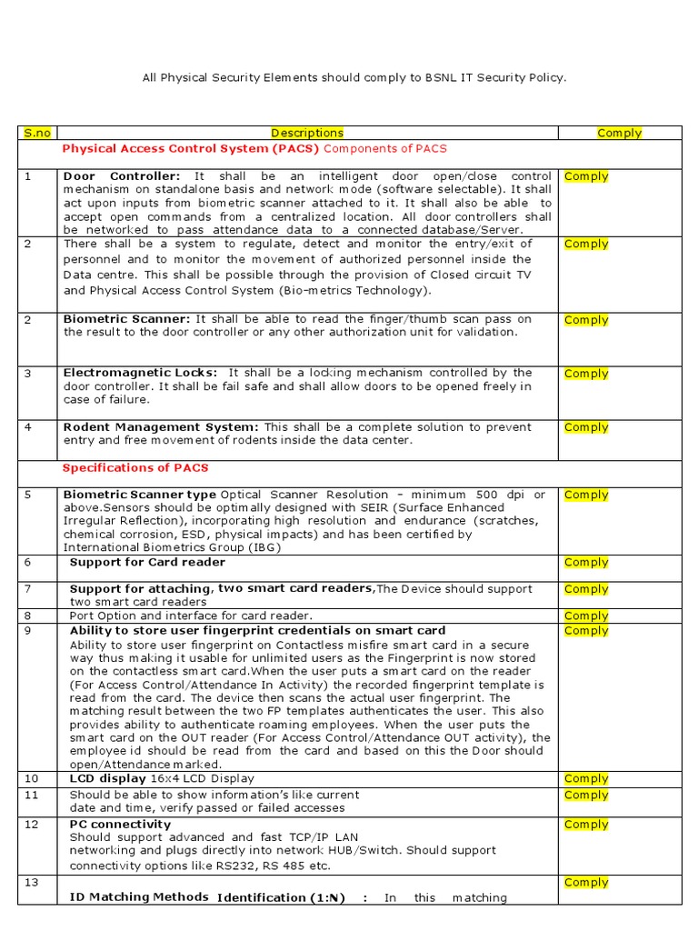 Access Control System Complyance Sheet | Download Free PDF | Access ...