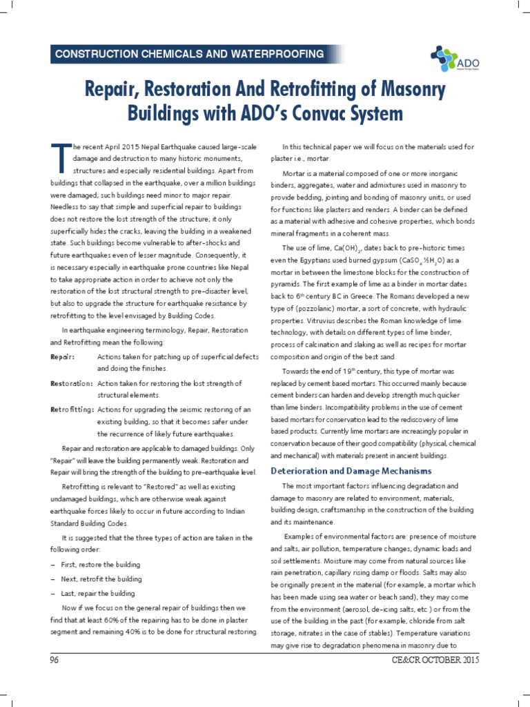 Masonry Repair with ADO's Convac System | PDF | Mortar (Masonry) | Plaster