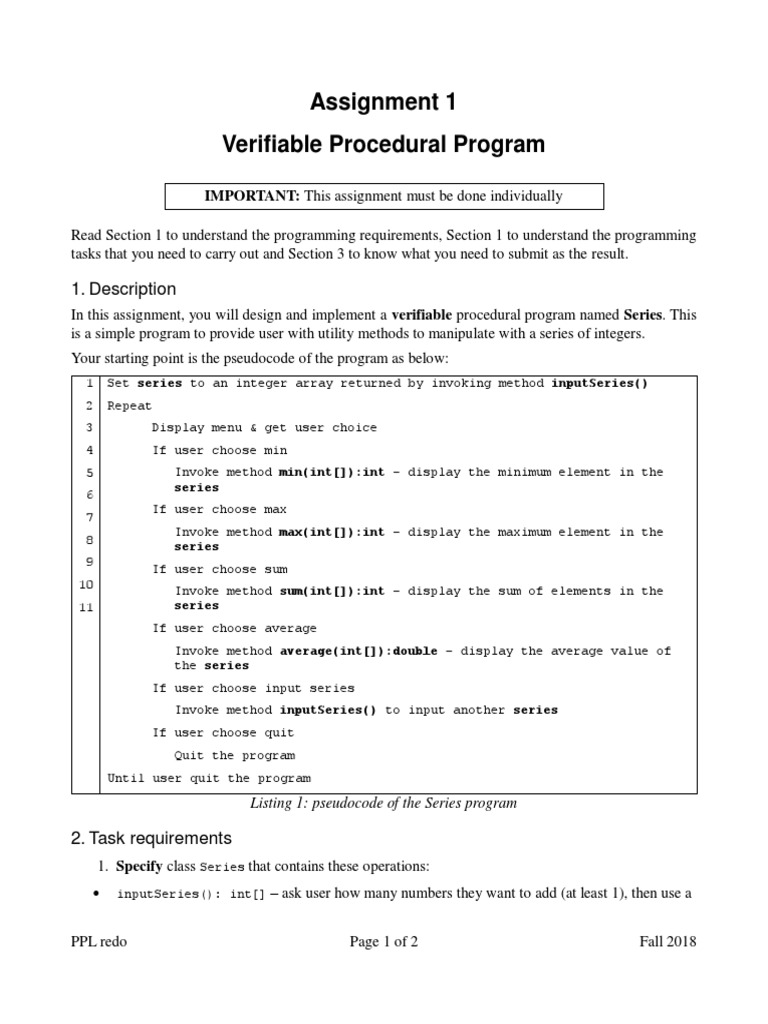 Assignment 1 Verifiable Procedural Program: 1. Description | PDF ...